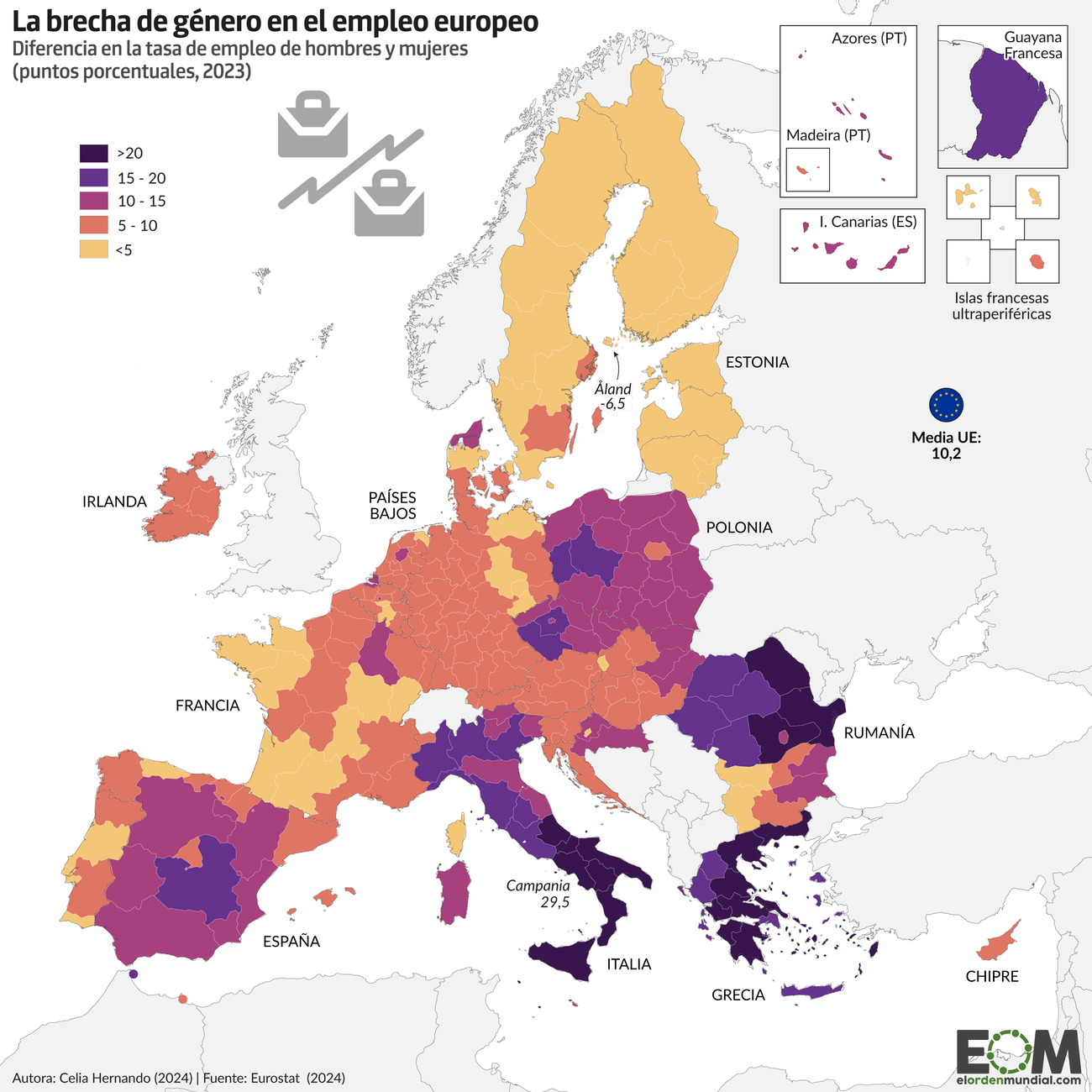 La brecha de género en el empleo en la Unión Europea - Mapas de El Orden Mundial - EOM
